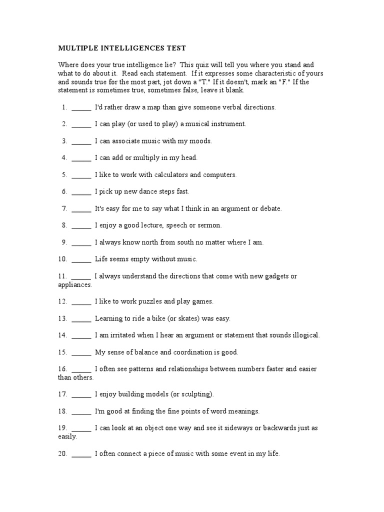 Multiple Intelligences Test | PDF | Somatosensory System | Teaching ...