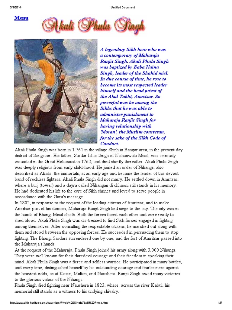 Akali Phula Singh | PDF | Punjab | Asian Ethnic Religion