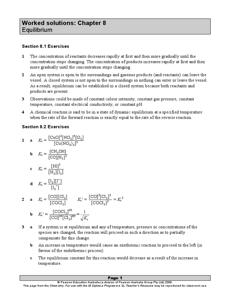 Equilibrium: Worked Solutions: Chapter 8 | PDF | Chemical Equilibrium | Chemical Reactions