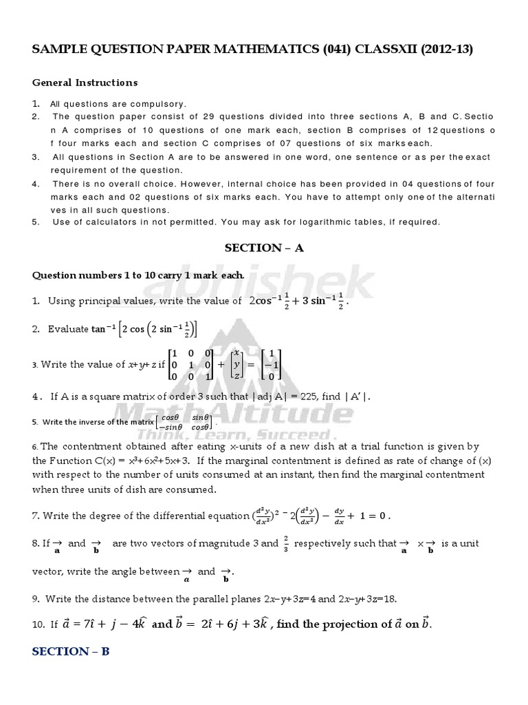 Sample Question Paper Mathematics | PDF | Equations | Matrix (Mathematics)