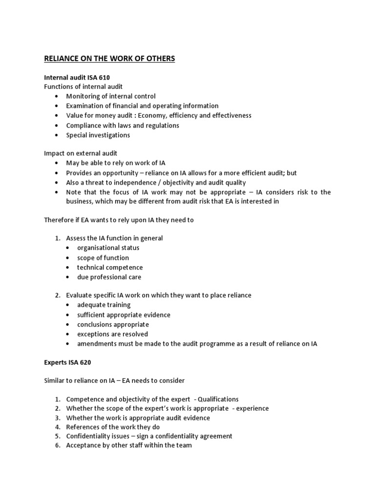 Reliance On The Work of Others: Internal Audit ISA 610 | PDF