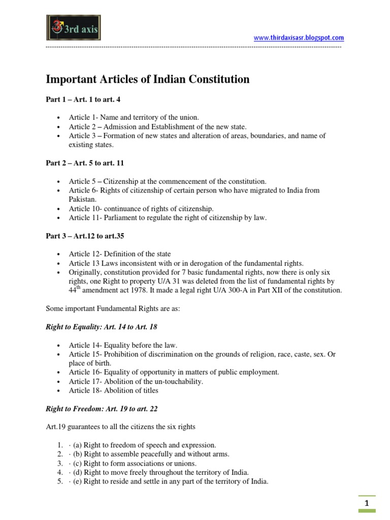 Important Articles of Indian Constitution | PDF | Supreme Court Of ...