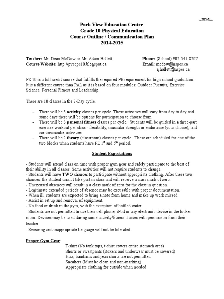 Park View Education Centre Grade 10 Physical Education Course Outline ...
