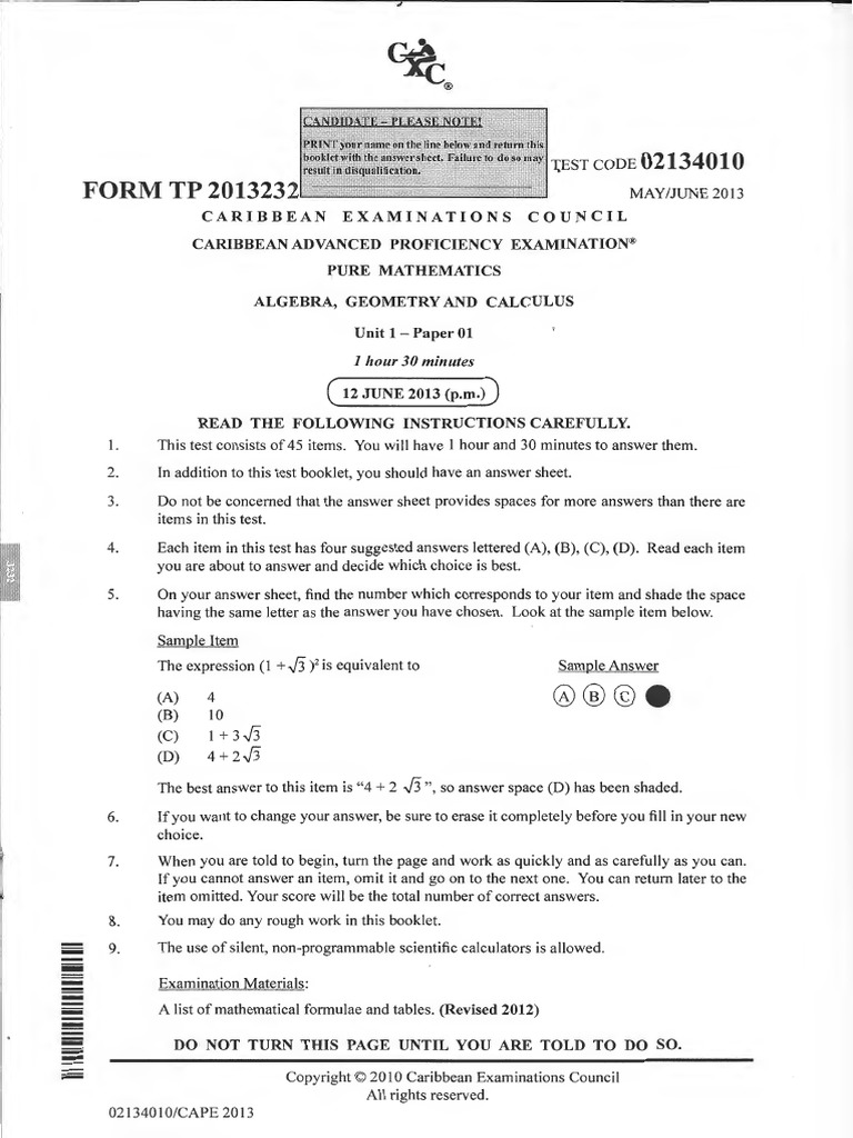 Pure Maths Unit 1 Paper 1 2013 | PDF | Trigonometric Functions | Sine