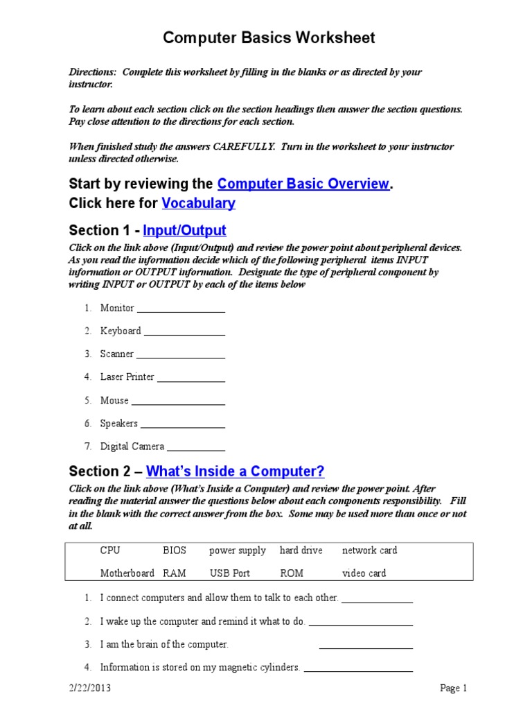 Computer Basics Worksheet | PDF | Computer Data Storage | Digital ...