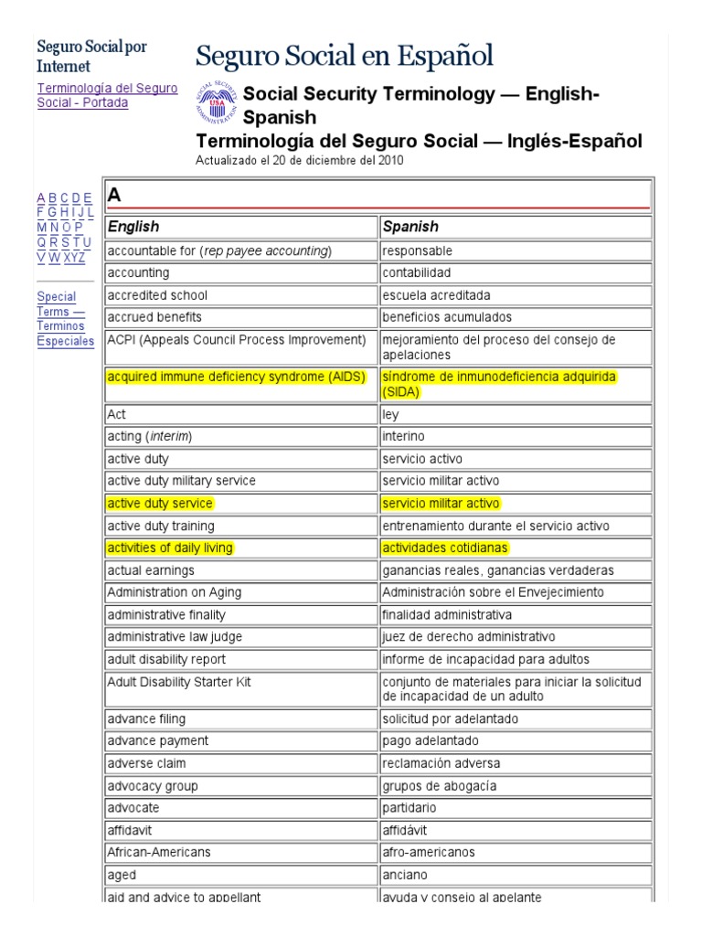 Terminología del Seguro Social Bilingüe | PDF | Impuesto de la Ley ...