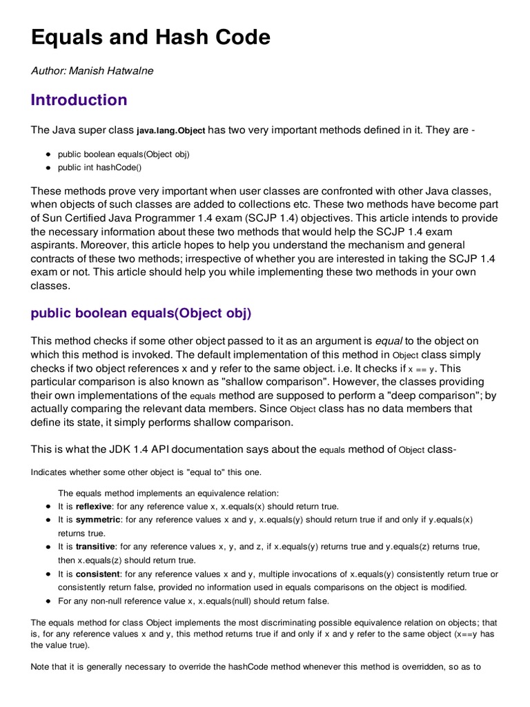 Equals and Hash Code: Public Boolean Equals (Object Obj) | PDF | Method ...