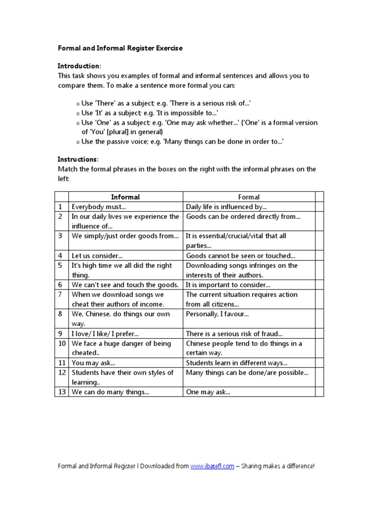 Formal and Informal Register Exercise | PDF