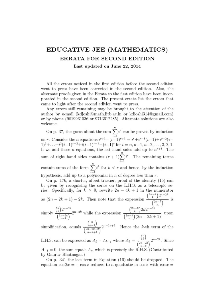 Educative Jee (Mathematics) : Errata For Second Edition | PDF ...