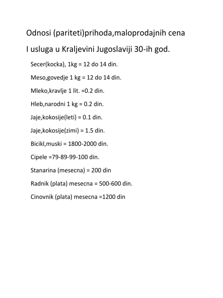 Odnosi (Pariteti) Prihoda, Maloprodajnih Cena I Usluga U Kraljevini ...