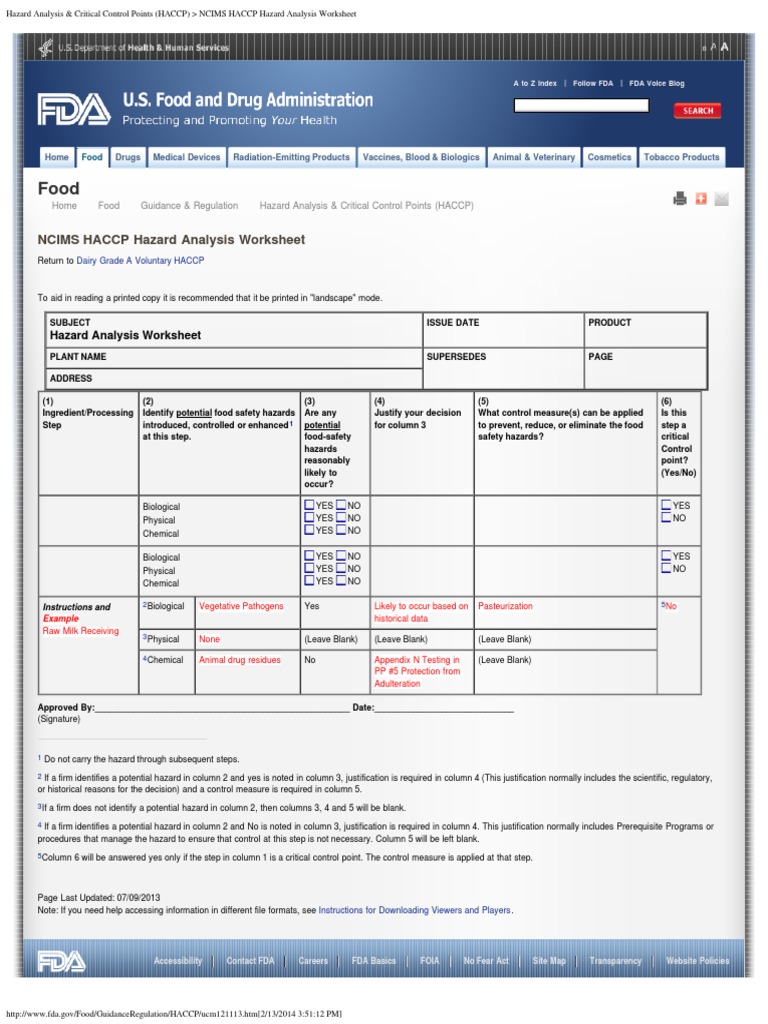 Dairy Grade A Voluntary HACCP - NCIMS HACCP Hazard Analysis Worksheet ...