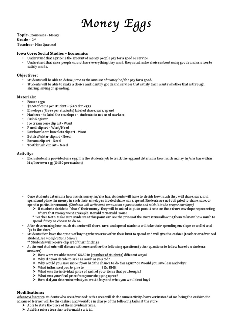 Money Smart Lesson - Money Eggs | PDF | Business