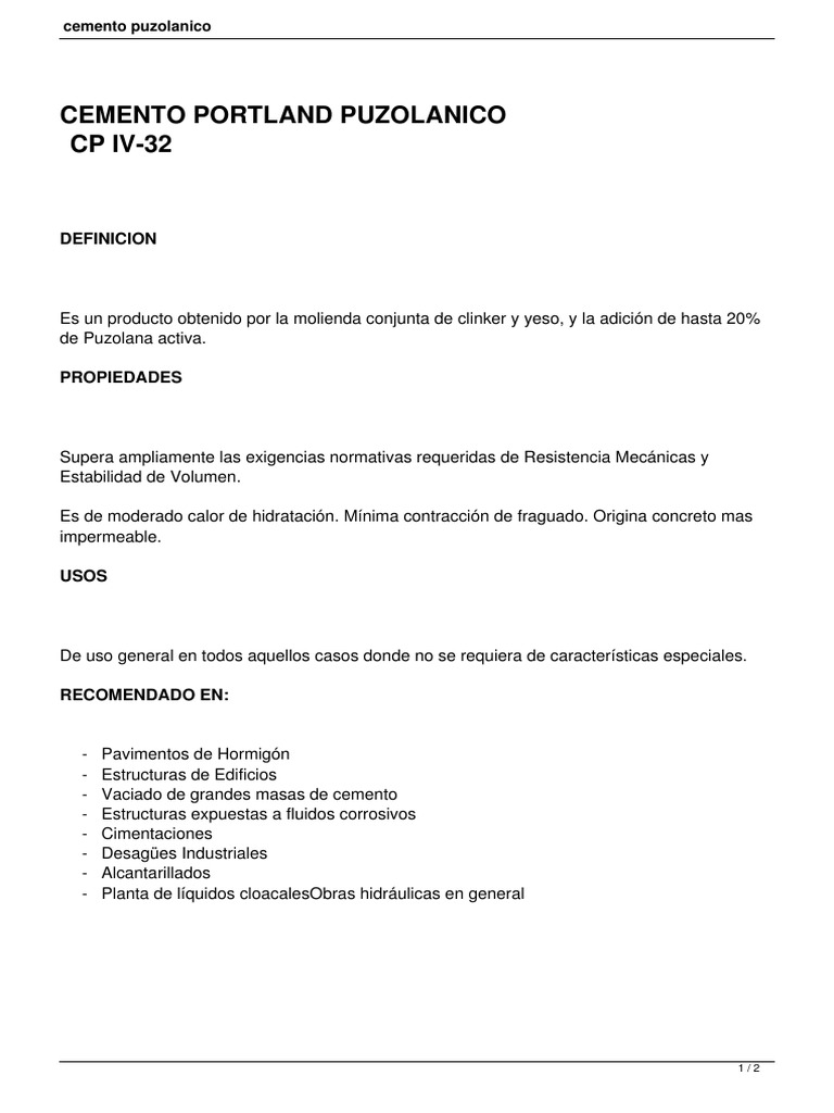 Cemento Portland Puzolanico CP IV-32 | PDF