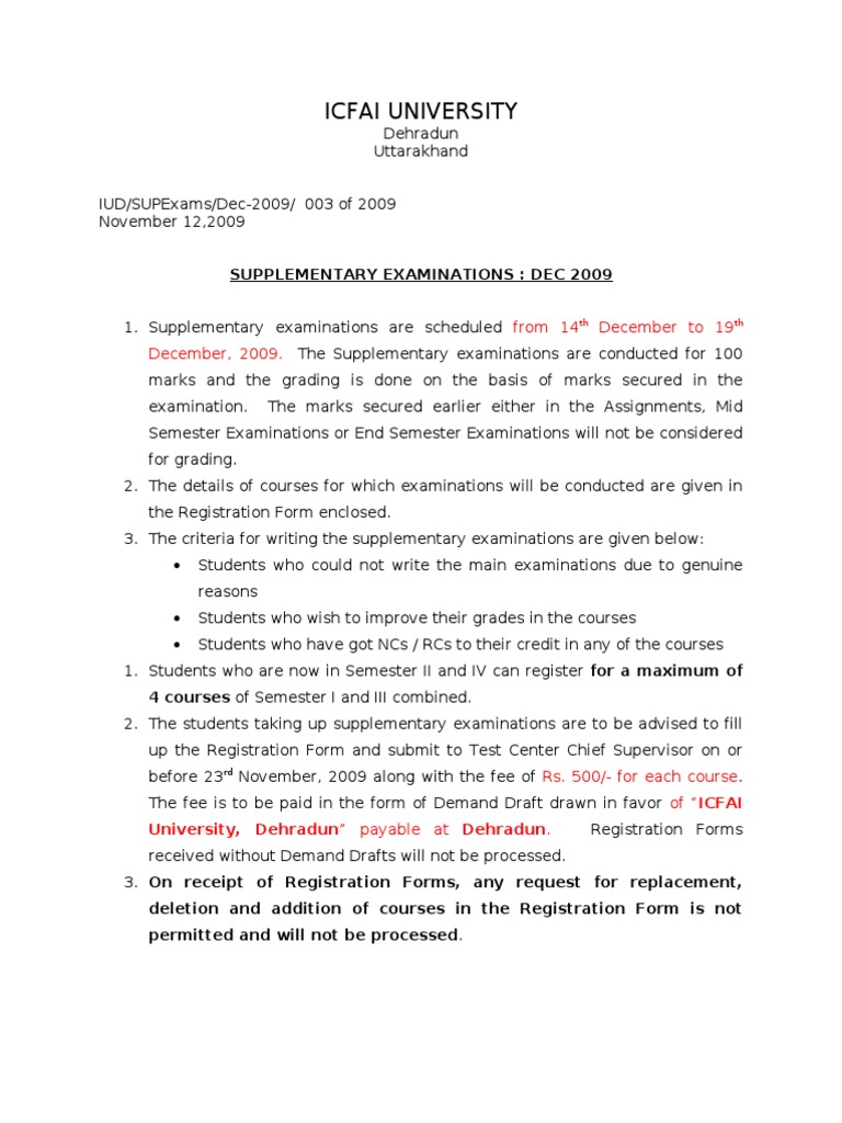 Supplementary Exam Schedule Dec 2009 | PDF