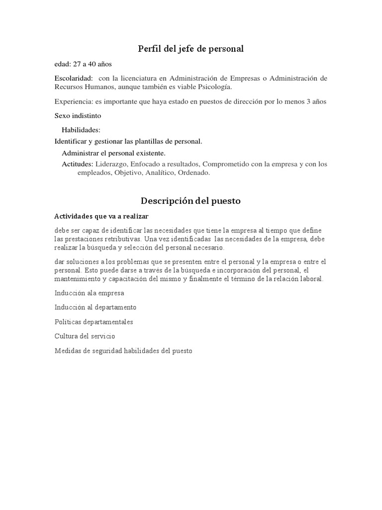Perfil Del Jefe de Personal | PDF | Recursos humanos | Business