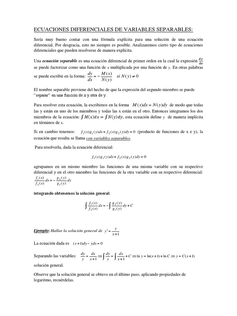 Ecuaciones Diferenciales de Variables Separables | PDF | Ecuaciones | Ecuaciones diferenciales