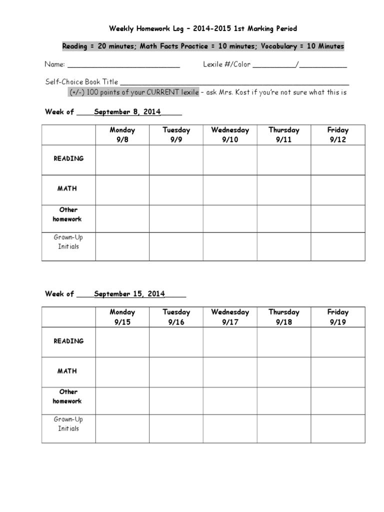 Weekly Homework Log for 1st Marking Period | PDF