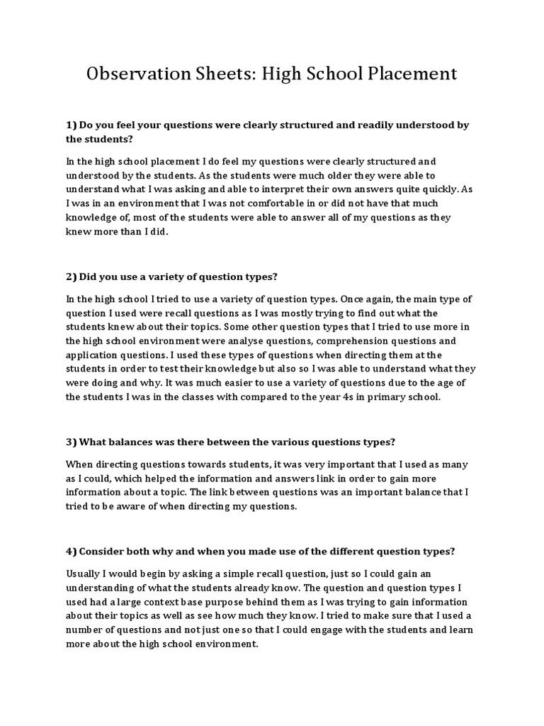 High School Observation Insights | PDF | Question | Teachers