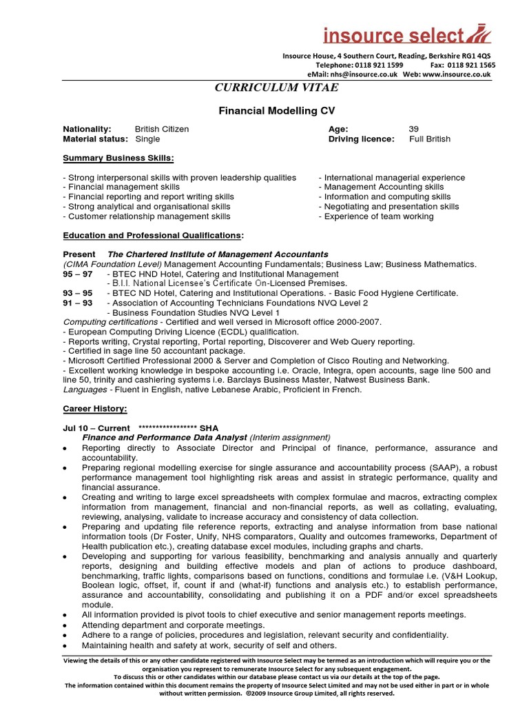 Financial Modelling CV | PDF | Spreadsheet | Management Accounting