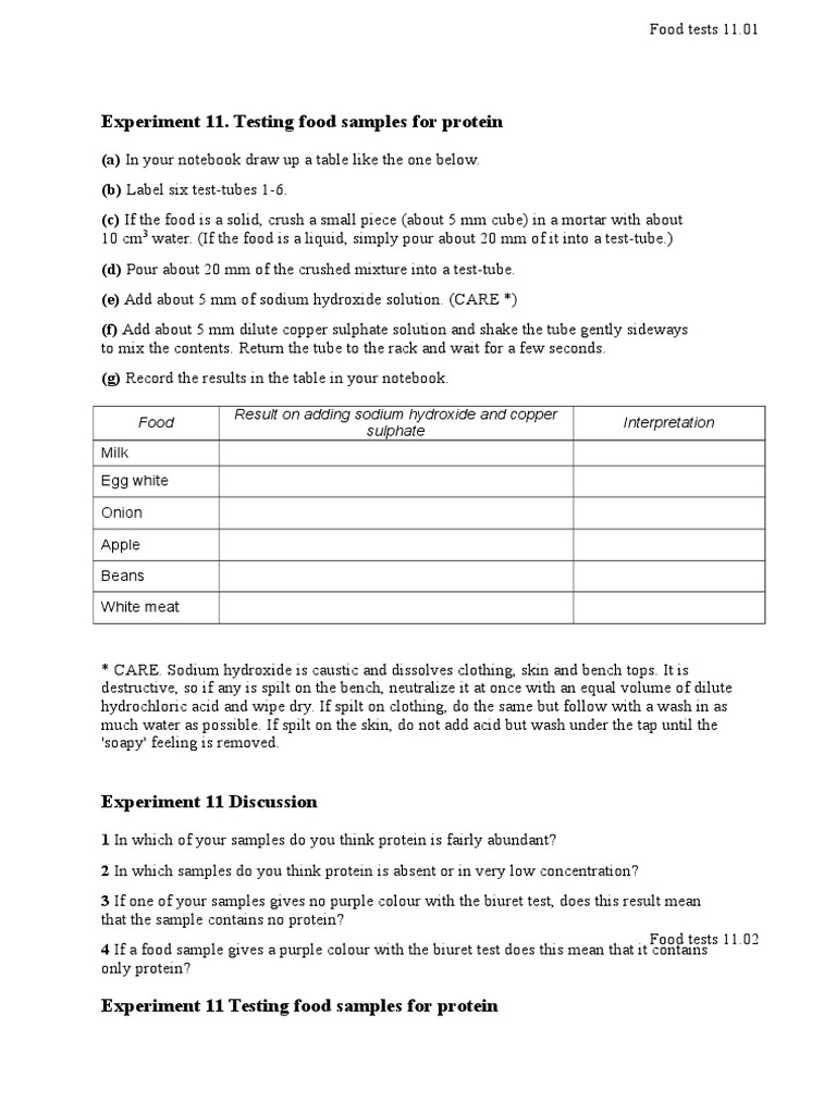 Experiment 11. Testing Food Samples For Protein | PDF | Cooking, Food ...