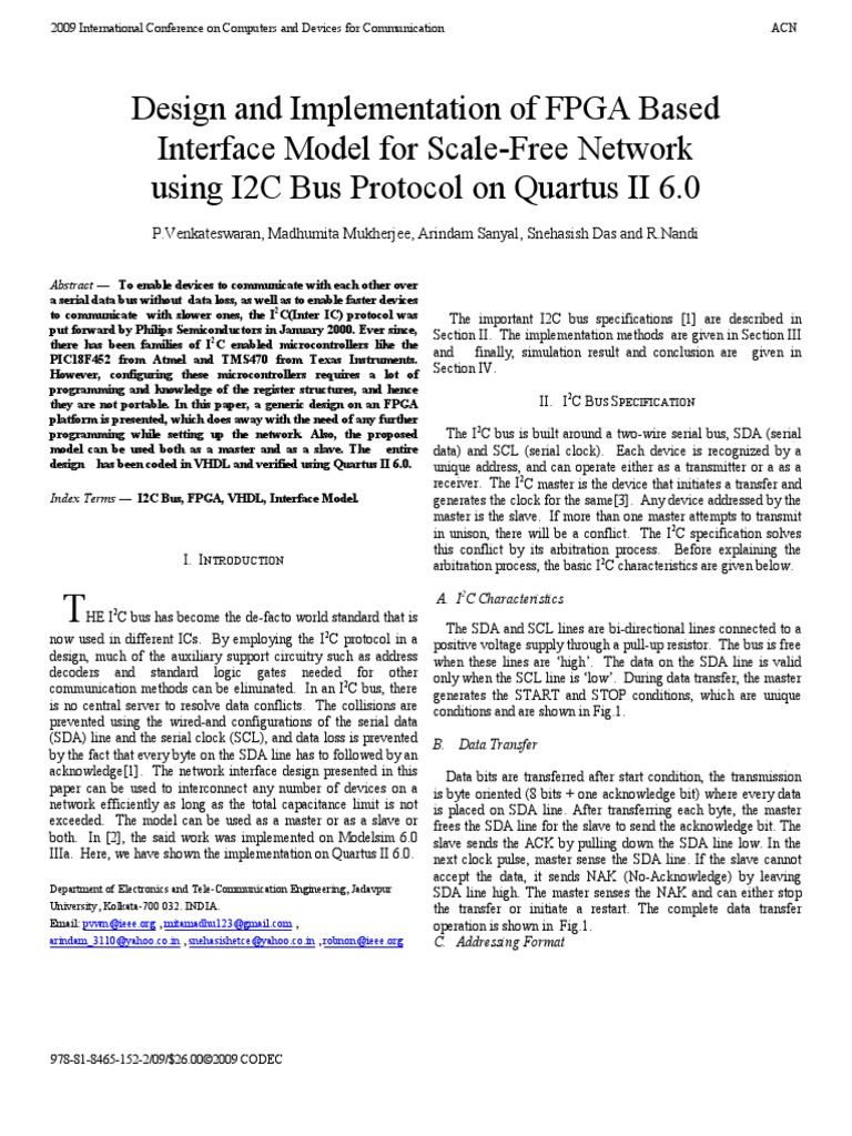 Design And Implementation Of Fpga Based Interface Model For Scale Free Network Using I2c Bus