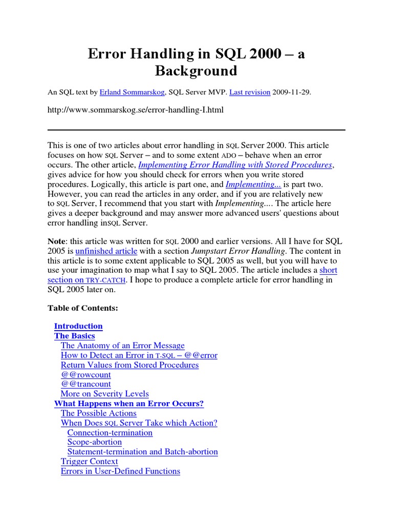 Error Handling in SQL 2000 | PDF | Microsoft Sql Server | Database ...