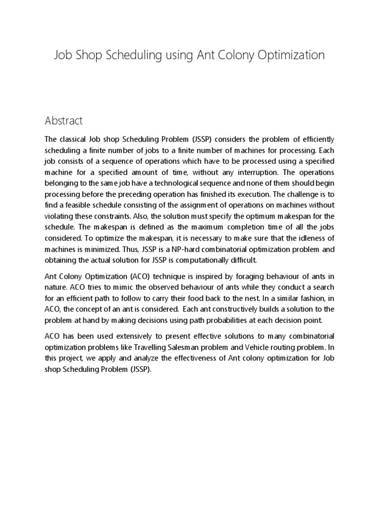 Job Shop Scheduling Using Ant Colony Optimization | PDF | Mathematical ...