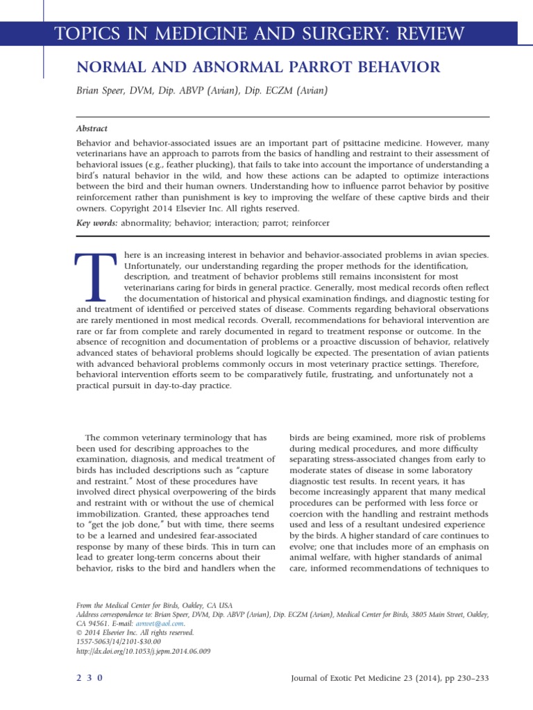 Normal and Abnormal Parrot Behaviour | PDF | Reinforcement | Veterinary ...