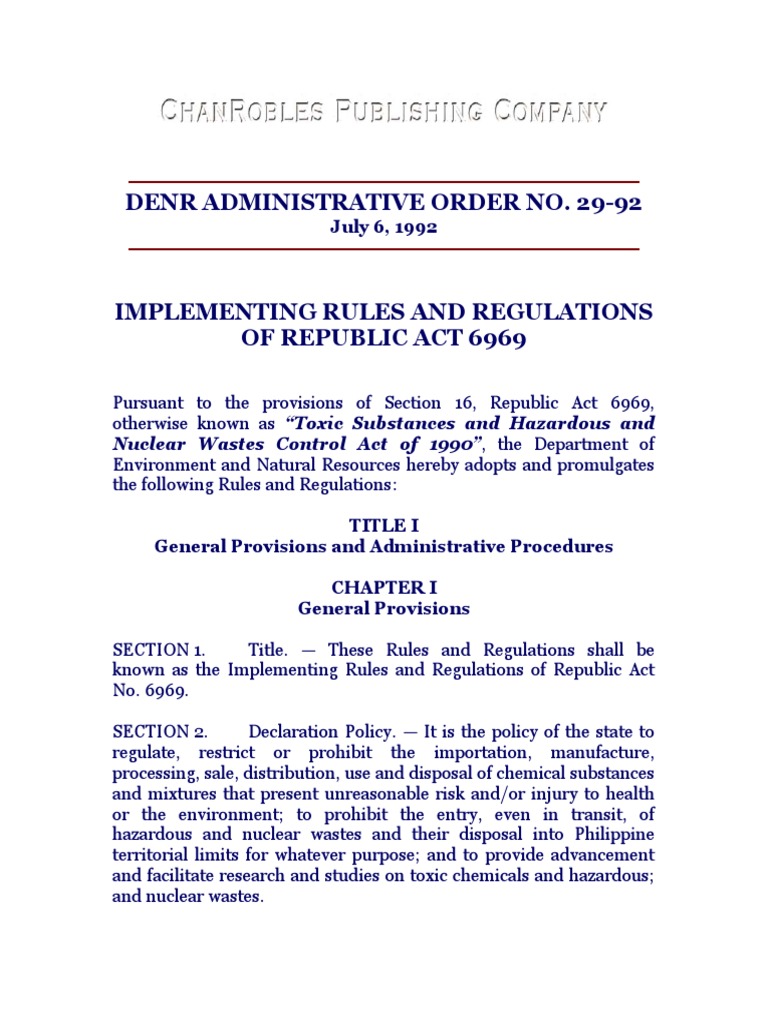 IRR of Republic Act 6969 | Hazardous Waste | Waste Management