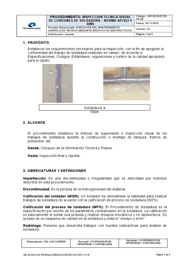Procedimiento Inspección Visual de Tanques API 653. | PDF | Pruebas no ...