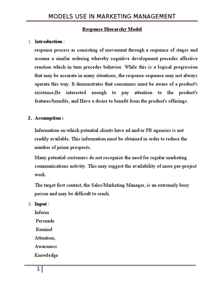 Models Use in Marketing Management: Response Hierarchy Model | PDF ...