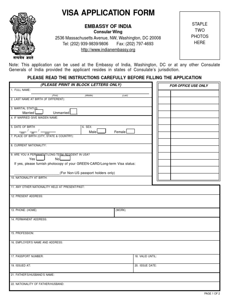 Visa Application Form: Embassy of India | PDF