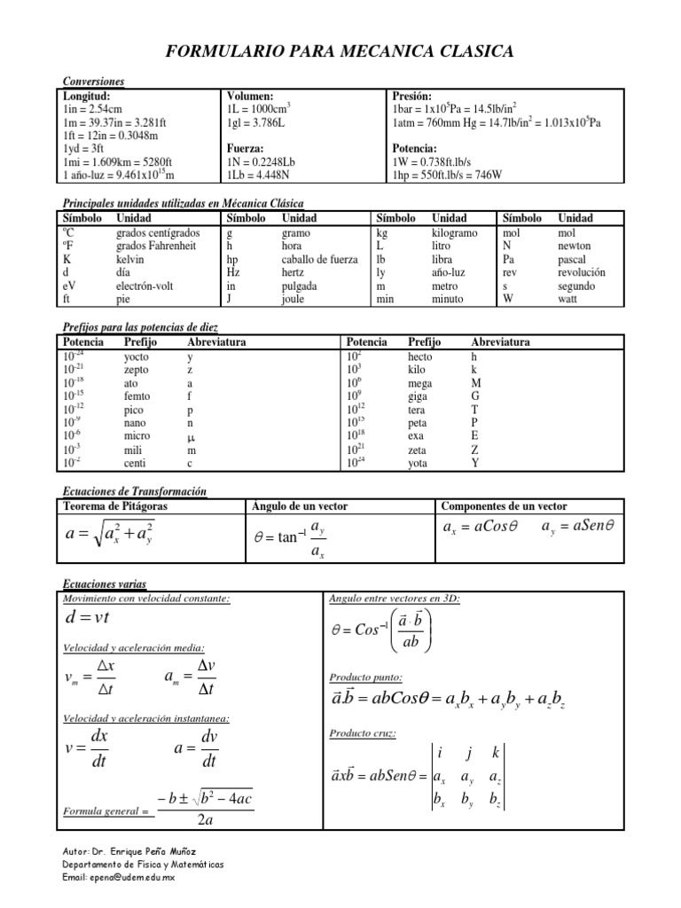 Formulario de Mecanica 2011 | PDF | Aceleración | Kilogramo