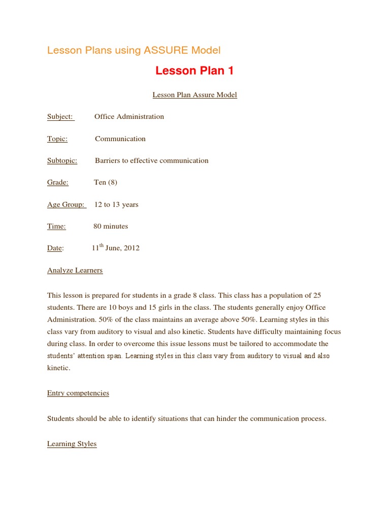 Lesson Plans Using ASSURE Model | PDF | Learning Styles | Lesson Plan