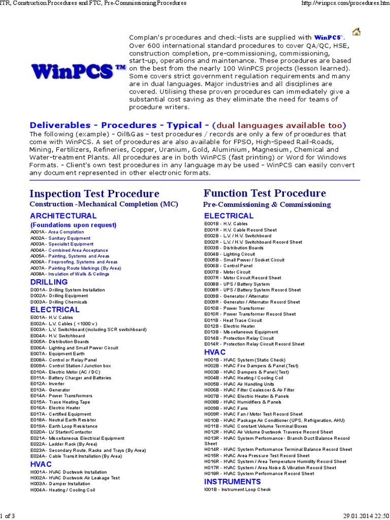 ITR, Construction Procedures and FTC, Pre-Commissioning Procedures ...