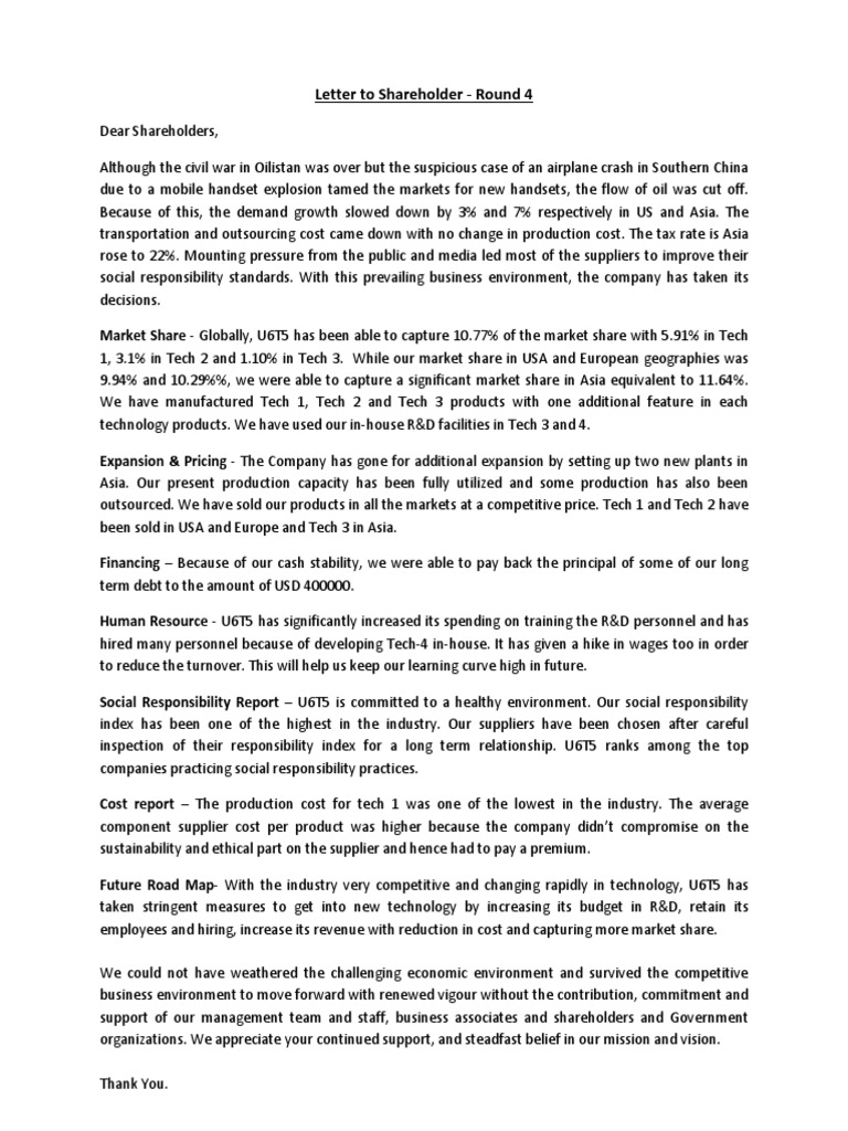 Sample Letter to Shareholder | Outsourcing | Research And Development