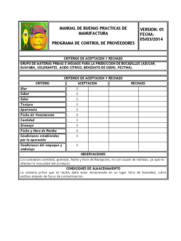 Criterios De Aceptación Y Rechazo De Materias Primas E Insumos Para La