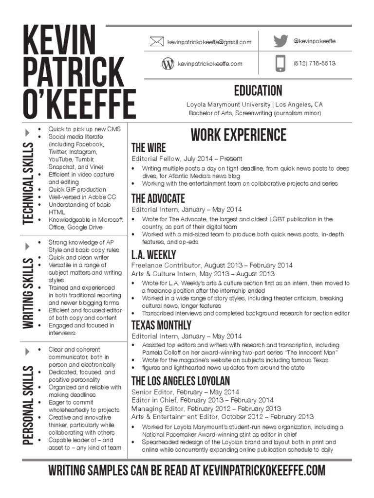 Kevin O'Keeffe Résumé | PDF | Editing | Internship