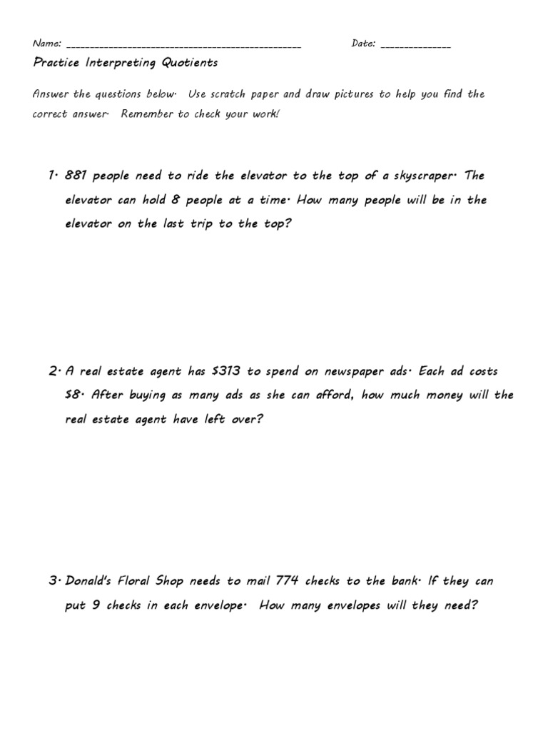 5 1 1 2 Interpreting Remainders - Word Problem Worksheet | PDF