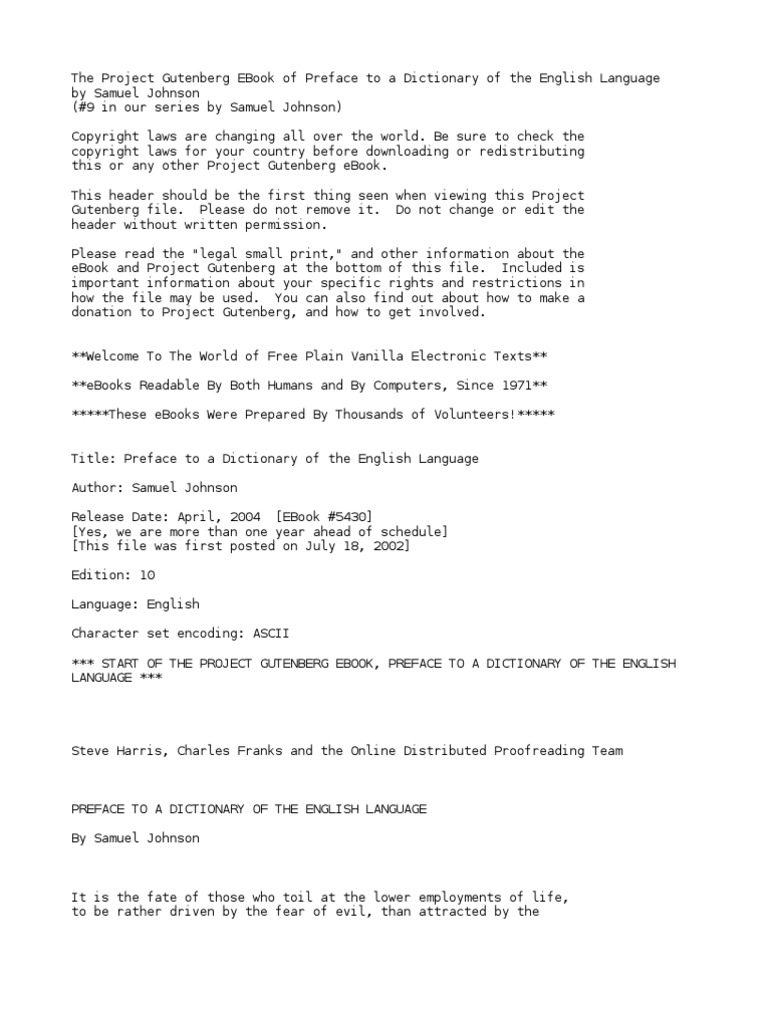Preface To A Dictionary of The English Language by Johnson, Samuel ...