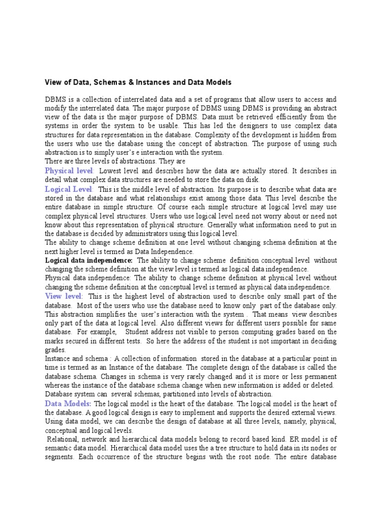 View of Data, Schemas & Instances and Data Models: Physical Level ...