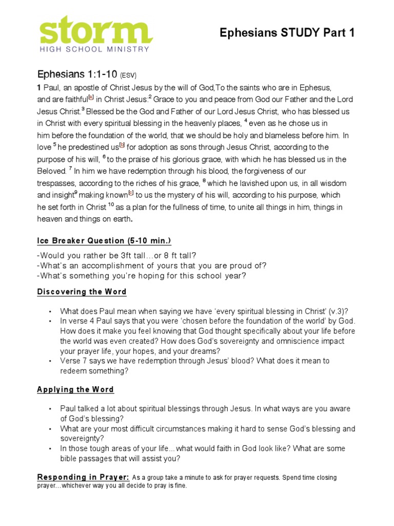 Ephesians Study Questions Chapter 1 | PDF