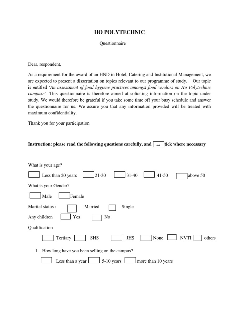 Food Hygiene Questionnaires 2 | Questionnaire | Hygiene
