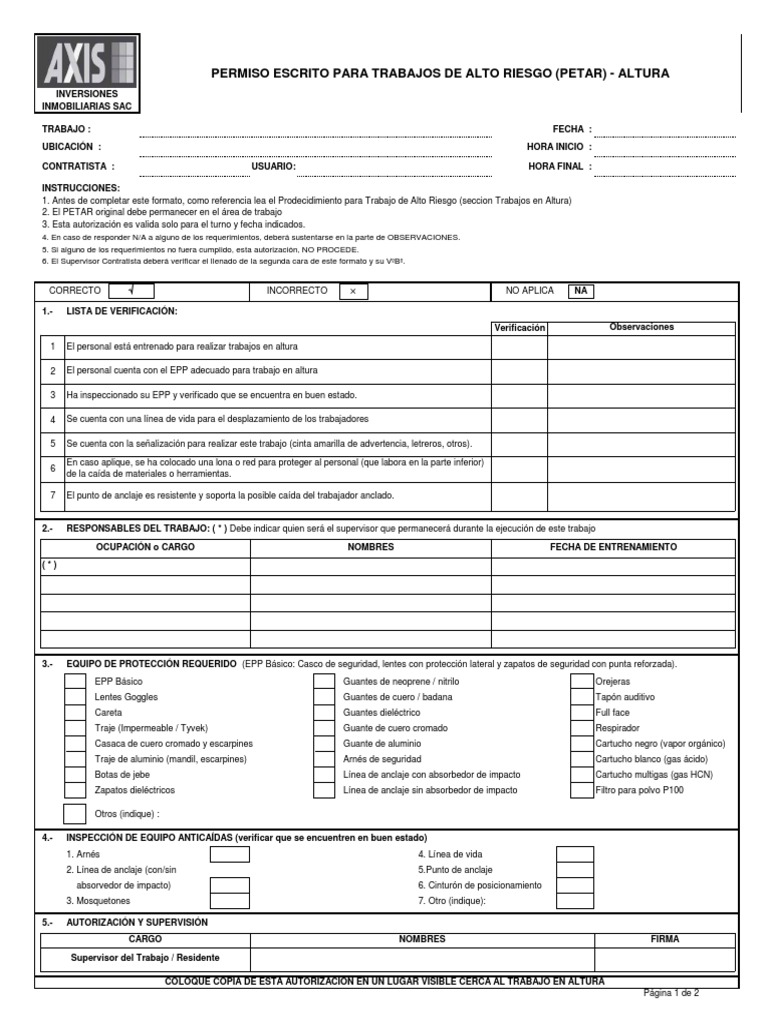 Permiso Escrito para Trabajo de Alto Riesgo (PETAR) - Alturo | PDF | Naturaleza