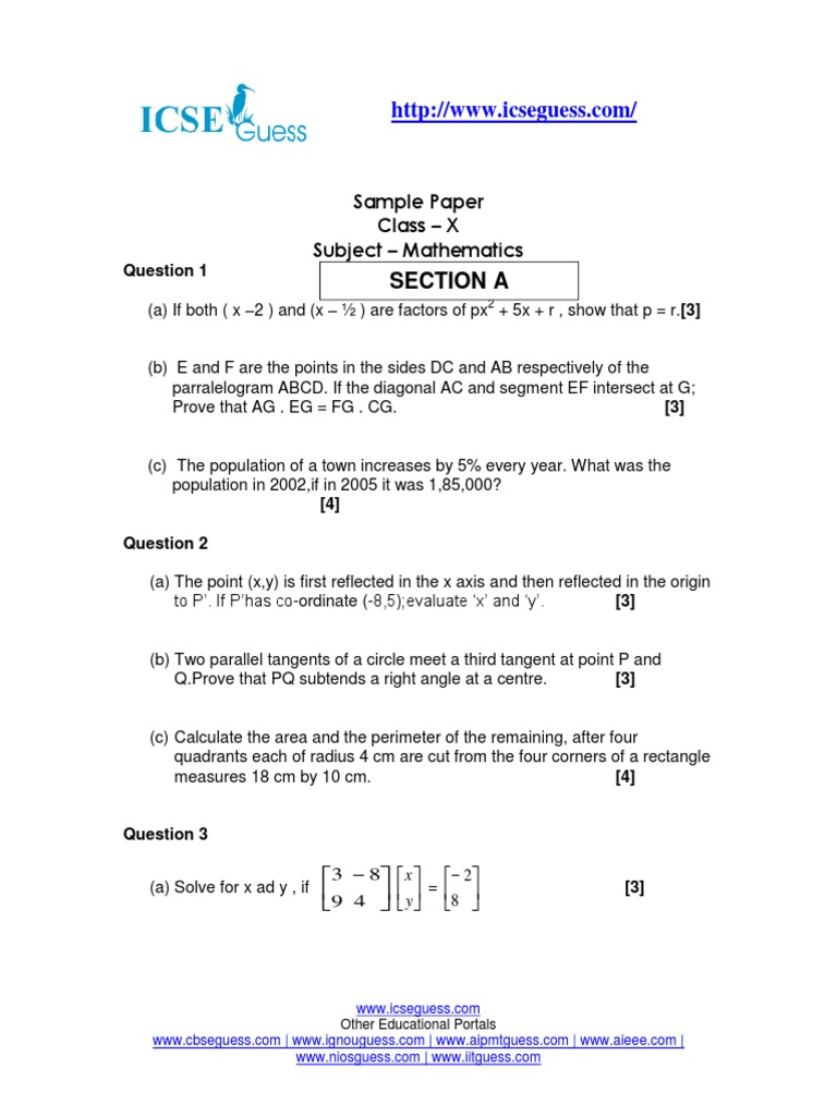 Section A: Sample Paper Class - X Subject - Mathematics | PDF ...