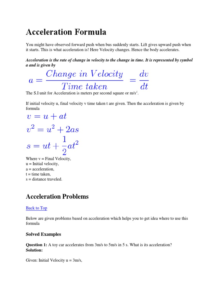 Acceleration Formula | PDF | Acceleration | Velocity