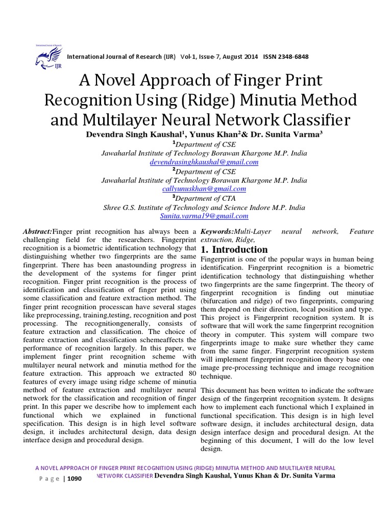 A Novel Approach of Finger Print Recognition Using (Ridge) Minutia Method and Multilayer Neural ...