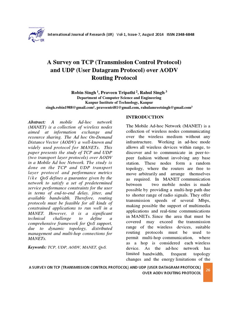 A Survey On TCP (Transmission Control Protocol) and Udp (User Datagram Protocol) Over Aodv ...