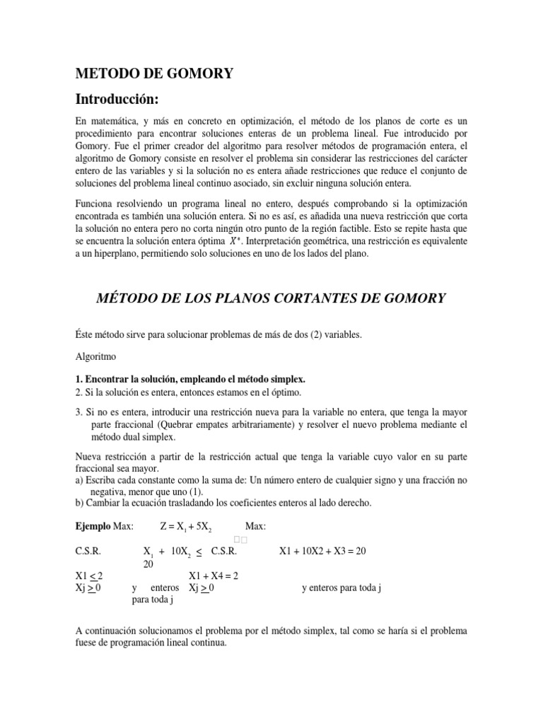 Metodo de Gomory | PDF | Programación lineal | Optimización Matemática
