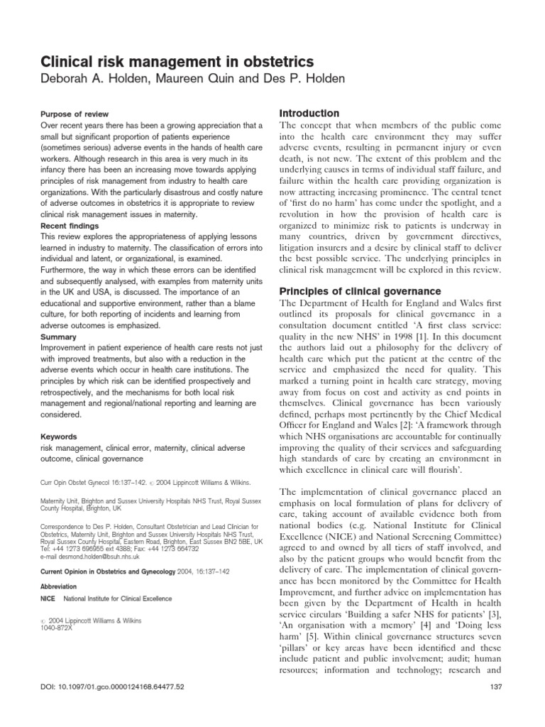 Clinical Risk Management | National Health Service | Risk
